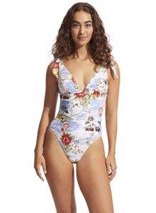 seafolly women's v neck one piece with high legline swimsuit, coast to coast powder blue, 8