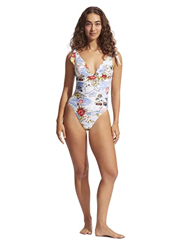 Seafolly Women's V Neck One Piece with High Legline Swimsuit, Coast to Coast Powder Blue, 8