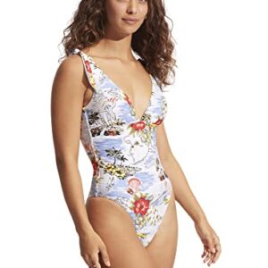 Seafolly Women's V Neck One Piece with High Legline Swimsuit, Coast to Coast Powder Blue, 8