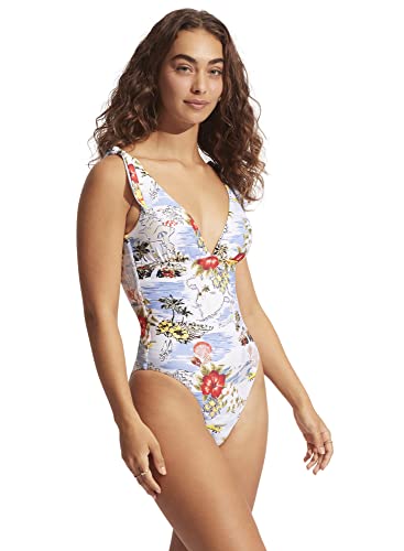 Seafolly Women's V Neck One Piece with High Legline Swimsuit, Coast to Coast Powder Blue, 8