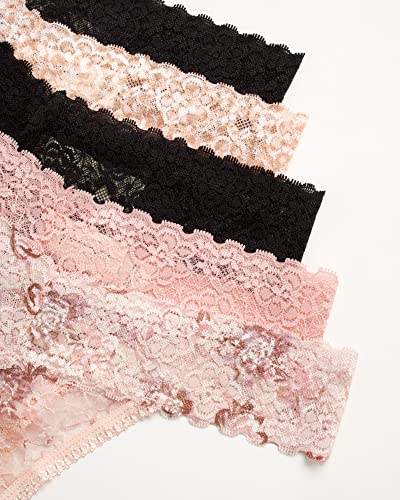 Jessica Simpson Women's Underwear - 5 Pack Stretch Microfiber Lace Thong Panties (S-XL), Size Large, Black/Black/Animal Blush/Rose/Floral Rose