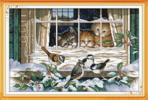 stamped cross stitch kits counted kit cross-stitching pattern for home decor, 14ct pre-printed fabric embroidery crafts needlepoint kit -landscape out of the window 21.3"×14.6"