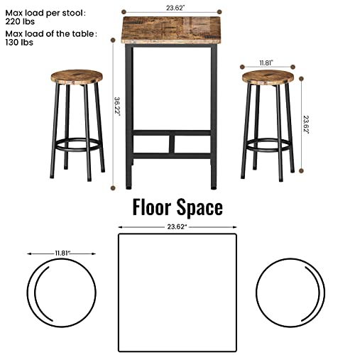 AWQM 3-piece Dining Table and Chairs Set for Small Space, Bar Set with 1 Square Table and 2 Round Stools, Coffee Table Set for 2, Breakfast Table with Footrest for Kitchen, Restaurant, Dinette (Brown)