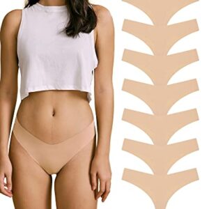 SHARICCA Women Seamless Thong No Show V Shape Strench Underwear Comfortable Invisible Soft Panties 6 Pack (7 Beige-7P08,M)