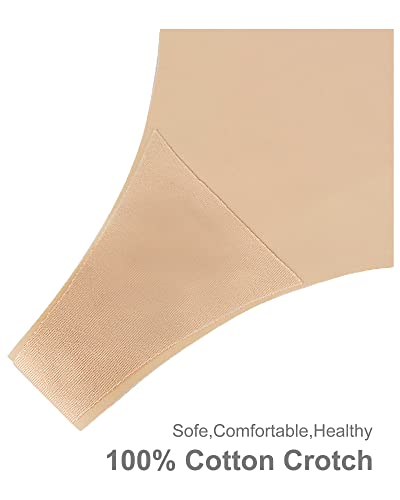 SHARICCA Women Seamless Thong No Show V Shape Strench Underwear Comfortable Invisible Soft Panties 6 Pack (7 Beige-7P08,M)