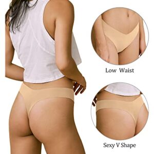 SHARICCA Women Seamless Thong No Show V Shape Strench Underwear Comfortable Invisible Soft Panties 6 Pack (7 Beige-7P08,M)