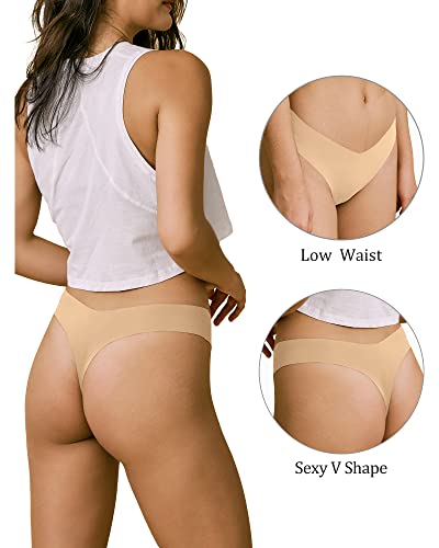 SHARICCA Women Seamless Thong No Show V Shape Strench Underwear Comfortable Invisible Soft Panties 6 Pack (7 Beige-7P08,M)