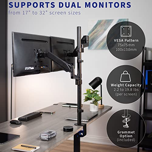 VIVO Dual Monitor Arm Extra Tall Mount for Screens up to 32 inches, Pneumatic Height Adjustment, Full Articulating Heavy Duty VESA Stand with Desk C-clamp and Grommet, STAND-V012K