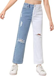 floerns girls colorblock high waist ripped jeans destroyed denim pants white blue multi 160