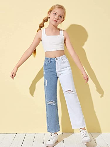 Floerns Girls Colorblock High Waist Ripped Jeans Destroyed Denim Pants White Blue Multi 160