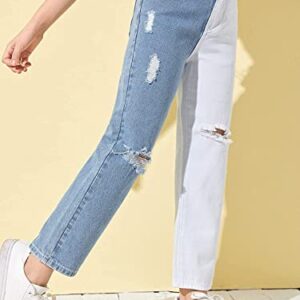 Floerns Girls Colorblock High Waist Ripped Jeans Destroyed Denim Pants White Blue Multi 160