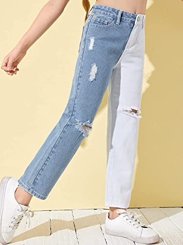 Floerns Girls Colorblock High Waist Ripped Jeans Destroyed Denim Pants White Blue Multi 160