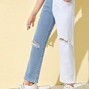 Floerns Girls Colorblock High Waist Ripped Jeans Destroyed Denim Pants White Blue Multi 160