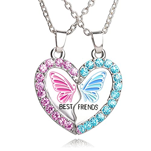 MJartoria BFF Necklace for 2, Best Friend Necklaces, Panda Valentine Split Heart Rhinestone Friendship Necklaces Best Friends Engraved Pendant-Cute Butterfly