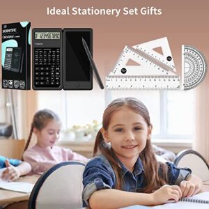 Pocket Basic Science Calculator for Students - Foldable Math Classroom Functional Calculator with LCD Display Erasable Writing Tablet and Ruler Set for Office Home Business Whether Back to School Gift