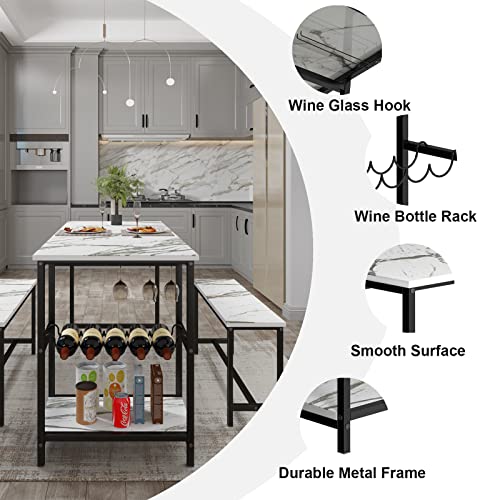 Dining Table Set for 4, 3 Piece Kitchen Table and Chairs Set with 2 Benches, Small Kitchen Table Set with Wine Rack and Glass Holder, Rustic Metal Frame for Breakfast Nook Apartment (White Statuario)