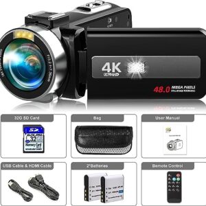 Rawiemy Camcorders Video Camera 4K 48MP Video Recorder Camera with IR Night Vision Vlogging Camera for YouTube Kids Camcorder with 3" Touch Screen,Remote,2 Batteries and 32G SD Card