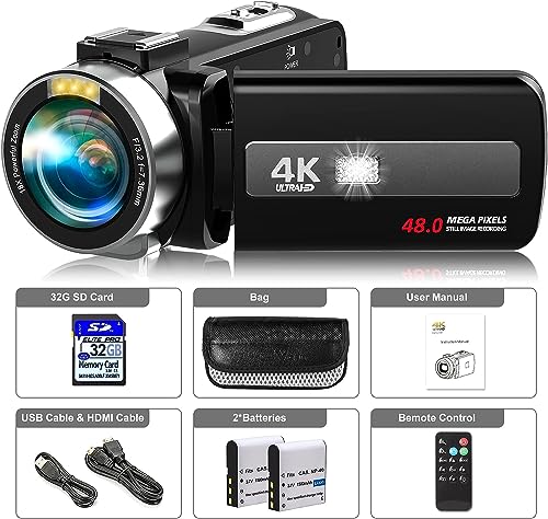 Rawiemy Camcorders Video Camera 4K 48MP Video Recorder Camera with IR Night Vision Vlogging Camera for YouTube Kids Camcorder with 3" Touch Screen,Remote,2 Batteries and 32G SD Card