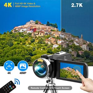 Rawiemy Camcorders Video Camera 4K 48MP Video Recorder Camera with IR Night Vision Vlogging Camera for YouTube Kids Camcorder with 3" Touch Screen,Remote,2 Batteries and 32G SD Card