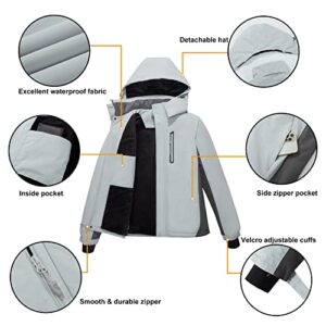 CAMEL CROWN Men's Mountain Snow Waterproof Ski Jacket Detachable Hood Windproof Fleece Parka Rain Jacket Winter Coat Sliver Gray L