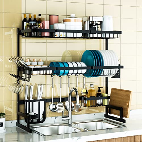 PUSDON Over Sink Dish Drying Rack (34"-45") 3 Tier, 2 Cutlery Holders Adjustable Dish Drainer for Kitchen Storage Countertop Organization, Stainless Steel Space Save Shelf (Sink Size≤44inch, Black)