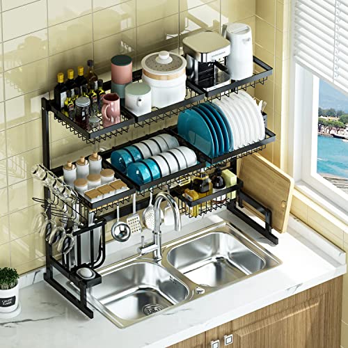 PUSDON Over Sink Dish Drying Rack (34"-45") 3 Tier, 2 Cutlery Holders Adjustable Dish Drainer for Kitchen Storage Countertop Organization, Stainless Steel Space Save Shelf (Sink Size≤44inch, Black)