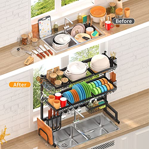 PUSDON Over Sink Dish Drying Rack (34"-45") 3 Tier, 2 Cutlery Holders Adjustable Dish Drainer for Kitchen Storage Countertop Organization, Stainless Steel Space Save Shelf (Sink Size≤44inch, Black)