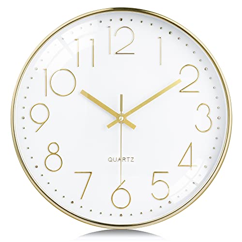 Lafocuse 3D Numbers Gold Wall Clock 12 Inch Silent Non-Ticking, Gold Clocks for Living Room Decor, Modern Kitchen Wall Clock Battery Operated Bedroom Home Office