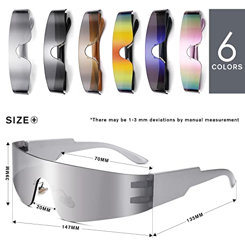 COASION Y2K Silver Futuristic Metallic Sunglasses Cyberpunk Concert Glasses for Women Men, Game 2077 Costume Eyewear (Silver/Silver Mirror)