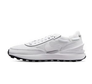 nike womens waffle one leather textile white white black trainers 9.5 us