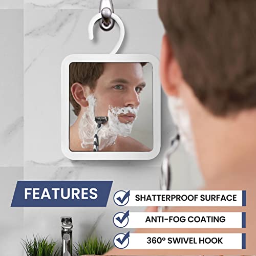 MIRRORVANA Hangable Fogless Shower Mirror for Shaving with 360° Swivel Hook for Hanging - Anti Fog Shatterproof 6.3" x 6.3" Surface