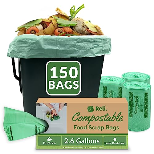 Reli. Compost Bags 2.6 Gallon (150 Count) | ASTM D6400 | Compostable Trash Bags for Food Scraps | Small Compost Bags for Kitchen Compost Bin/Countertop Bin | Green, Eco Bags for Food Waste, 2.6 Gal