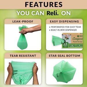 Reli. Compost Bags 2.6 Gallon (150 Count) | ASTM D6400 | Compostable Trash Bags for Food Scraps | Small Compost Bags for Kitchen Compost Bin/Countertop Bin | Green, Eco Bags for Food Waste, 2.6 Gal