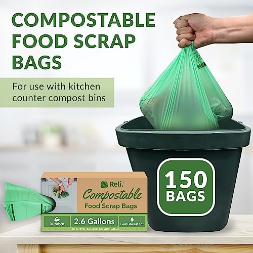 Reli. Compost Bags 2.6 Gallon (150 Count) | ASTM D6400 | Compostable Trash Bags for Food Scraps | Small Compost Bags for Kitchen Compost Bin/Countertop Bin | Green, Eco Bags for Food Waste, 2.6 Gal