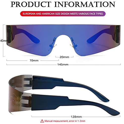 AIEYEZO Modern Fashion Rimless Futuristic Wrap Around Sunglasses Women Men Cyberpunk Visor Sun Glasses Trendy Future Shades (Black/Blue Mirrored)