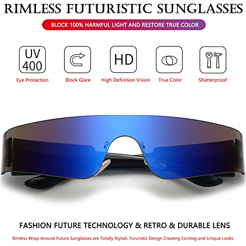 AIEYEZO Modern Fashion Rimless Futuristic Wrap Around Sunglasses Women Men Cyberpunk Visor Sun Glasses Trendy Future Shades (Black/Blue Mirrored)