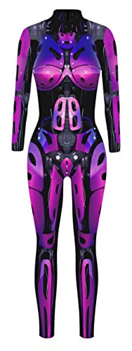 FEOYA Skeleton Skull Costume Halloween Cosplay Jumper for Women Jumpsuit Purple Robot Jumpsuit XL