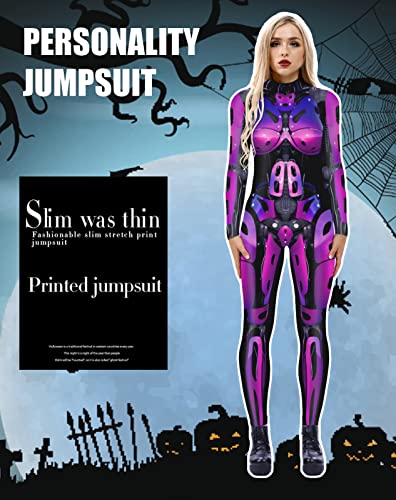 FEOYA Skeleton Skull Costume Halloween Cosplay Jumper for Women Jumpsuit Purple Robot Jumpsuit XL