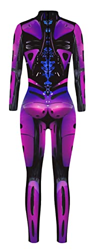 FEOYA Skeleton Skull Costume Halloween Cosplay Jumper for Women Jumpsuit Purple Robot Jumpsuit XL