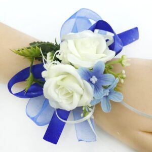 flowers wrist corsage shoulder corsage corsage wristlet band prom corsage white roses blue wrist wedding bracelet flowers groom suit buttonhole brooch marriage bridesmaid (color : wrist-6)