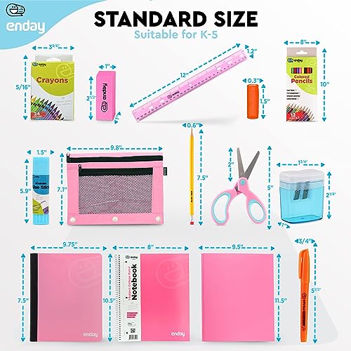 Enday Back to School Supplies for Kids, Pink School Supply Box Grades K-5, Premium Quality Kids School Supplies Kit, Kindergarten School Supplies for Girls and Boys, 71 Piece Set