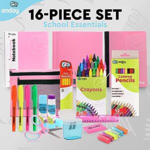 Enday Back to School Supplies for Kids, Pink School Supply Box Grades K-5, Premium Quality Kids School Supplies Kit, Kindergarten School Supplies for Girls and Boys, 71 Piece Set