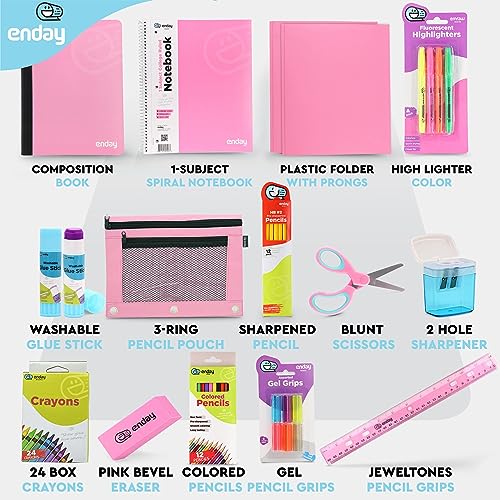 Enday Back to School Supplies for Kids, Pink School Supply Box Grades K-5, Premium Quality Kids School Supplies Kit, Kindergarten School Supplies for Girls and Boys, 71 Piece Set