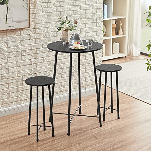 VECELO Small Bar Table and Chairs, Round Bistro Sets with 2 barstools, 3-Piece Pub Dining Furniture, Counter Height Wood Top for Breakfast Dinner Coffee Nap Conference, Easy Assembly, Black