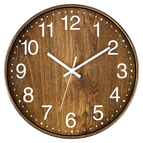 Lumuasky Wood Wall Clock, 12 Inch Silent Non-Ticking Battery Operated Round Clock for Living Room Bedroom Kitchen Home Office