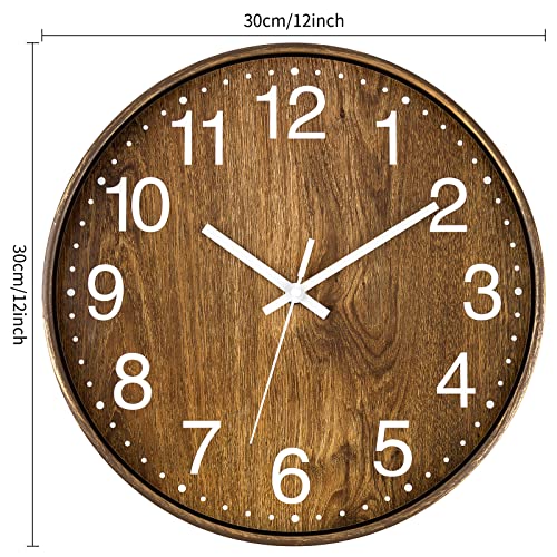 Lumuasky Wood Wall Clock, 12 Inch Silent Non-Ticking Battery Operated Round Clock for Living Room Bedroom Kitchen Home Office