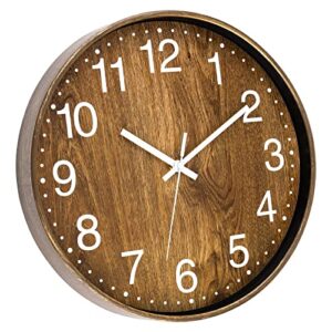 Lumuasky Wood Wall Clock, 12 Inch Silent Non-Ticking Battery Operated Round Clock for Living Room Bedroom Kitchen Home Office