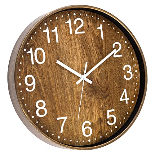 Lumuasky Wood Wall Clock, 12 Inch Silent Non-Ticking Battery Operated Round Clock for Living Room Bedroom Kitchen Home Office