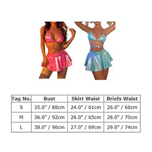 IMEKIS Rave Outfits for Women Festival Clothing Shiny Metallic Bra Swing Mini Skater Skirt Dance Sexy Lingerie Set Bikini Swimsuits Alien Costume Halloween Cowgirl Cosplay Bathing Suits Pink Large