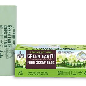 Green Earth Compostable Medium Kitchen Food Scrap Waste Bags, Compost Bin Compatible, 8 Gallon, 30 Liter, 25-Count, 0.85 Mil Thickness, ASTM D6400, US BPI and Europe OK Compost Home Certified, USA